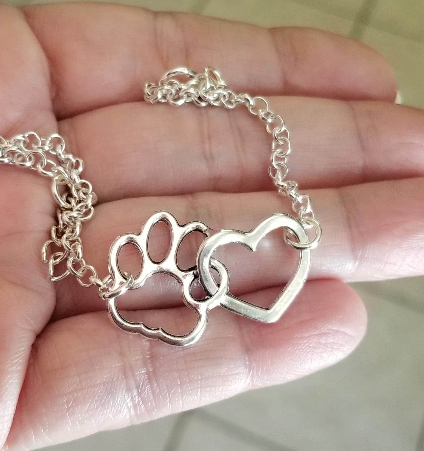 Open Heart and Paw Print Anklet, Silver Paw Print Anklet, Dog Lover ...