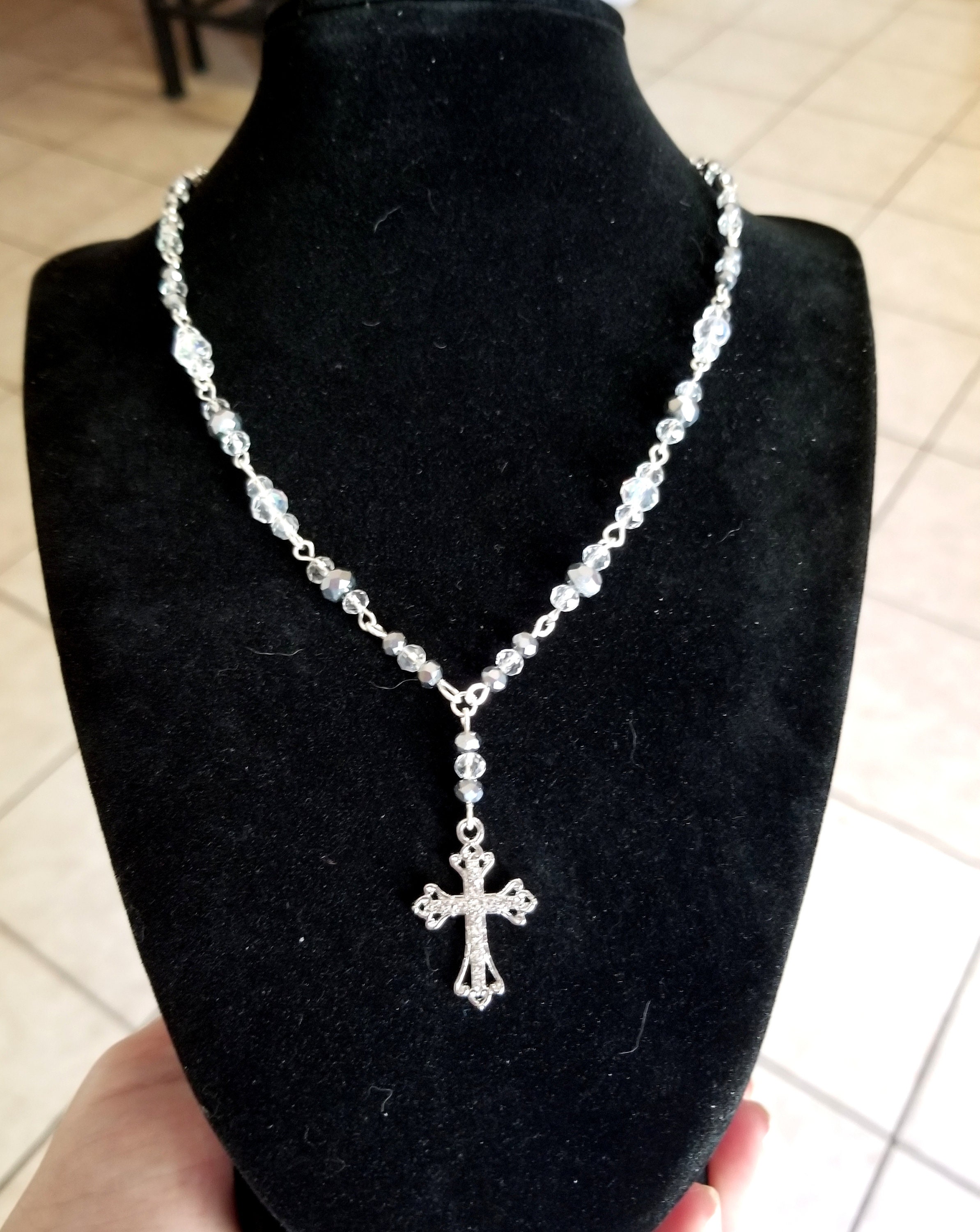 Crystal Cross Necklace, Crystal Cross Pendant, Rosary Necklace, Silver ...