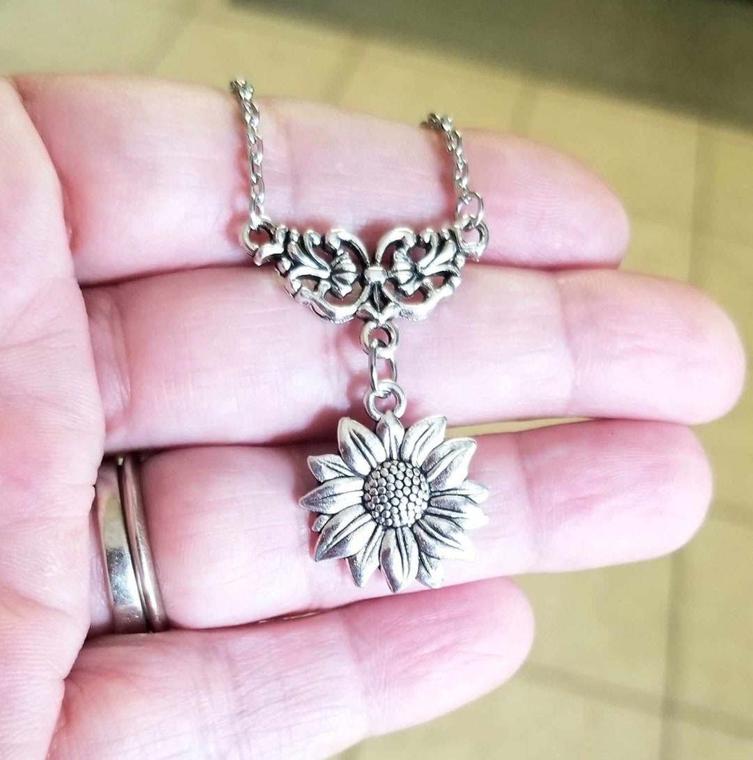 Silver Sunflower Necklace, Sunflower Pendant Necklace, Sunflower ...