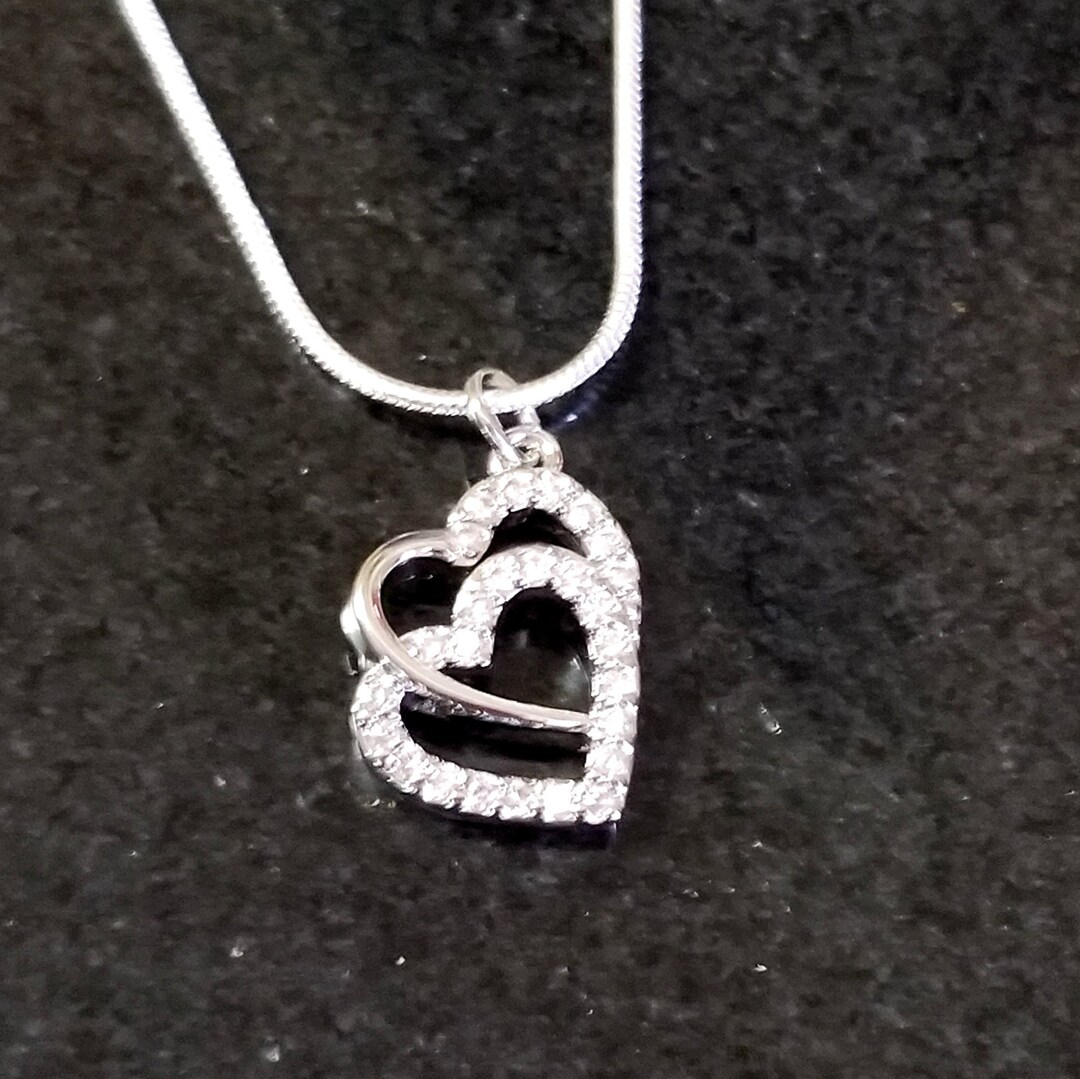 Sterling Silver Double Heart Pendant Necklace, CZ Heart Necklace ...