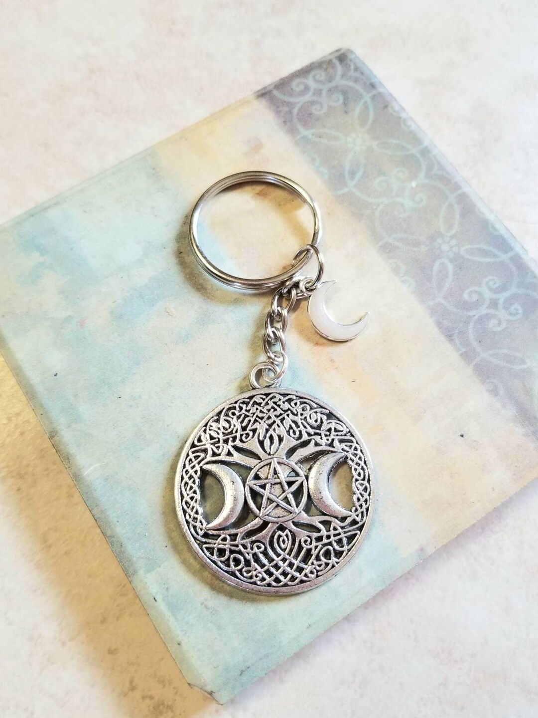 Pentagram Moon Keychain, Pentagram Key Ring, Crescent Moon, Wiccan ...