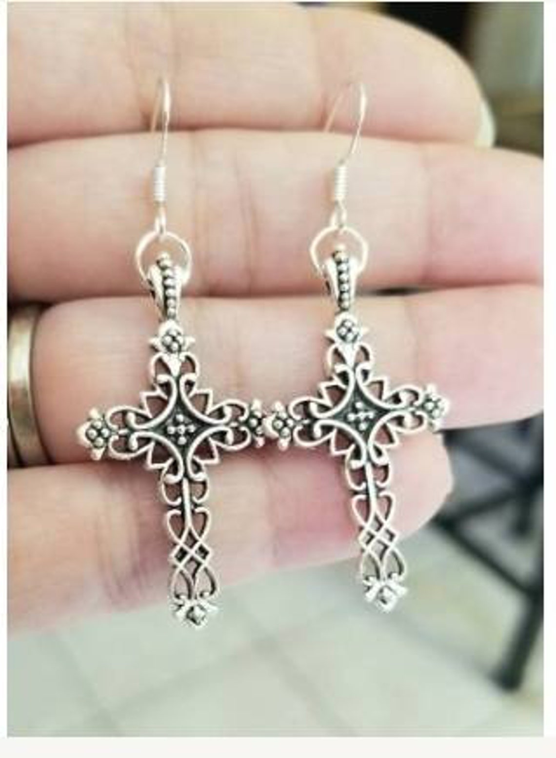 Large Silver Cross Dangle Earrings, Fleur De Lis Cross Earrings, Cross ...