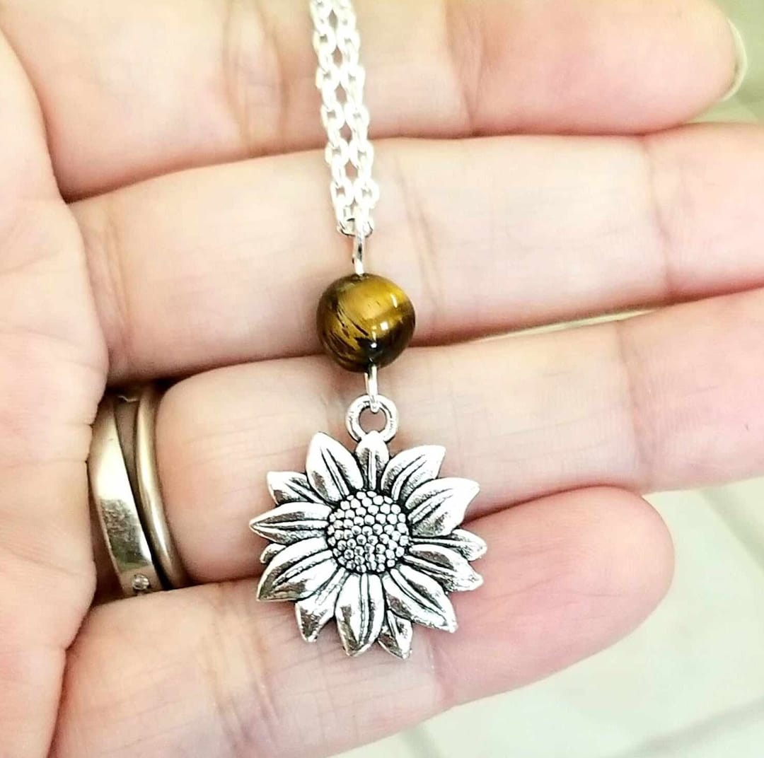 Tiger's Eye Sunflower Necklace, Silver Sunflower Necklace, Tigers Eye ...