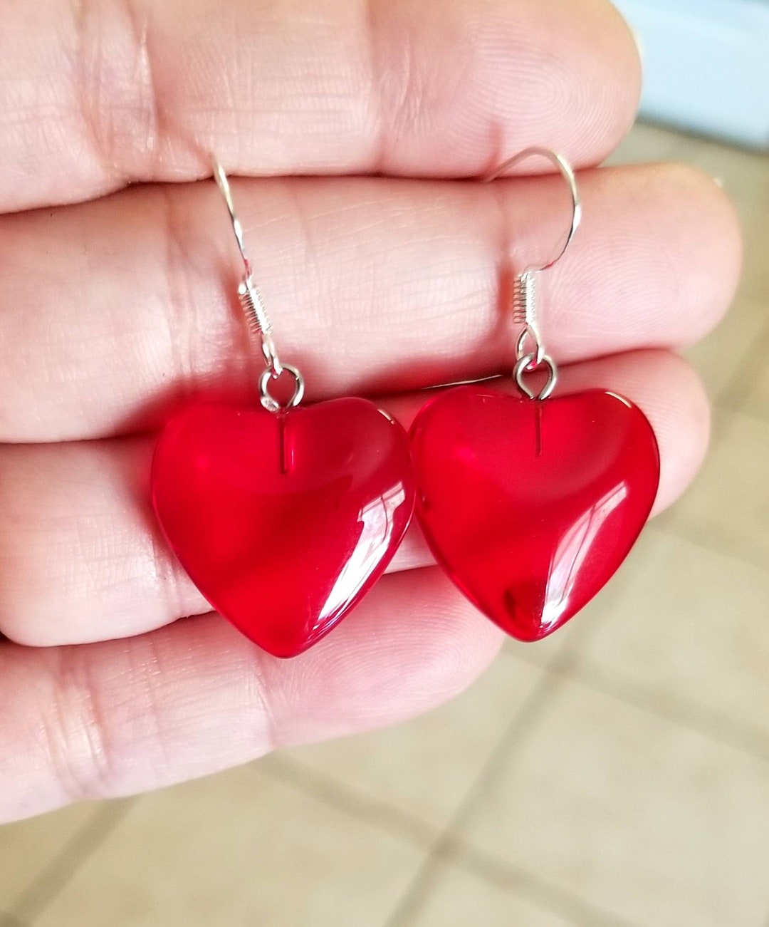 Red Heart Earrings, Silver Earrings, Red Glass Heart, Large Heart ...