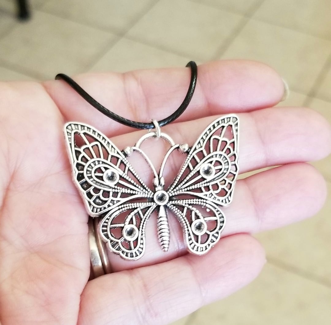 Large Silver Butterfly Necklace, Large Butterfly Pendant Necklace ...