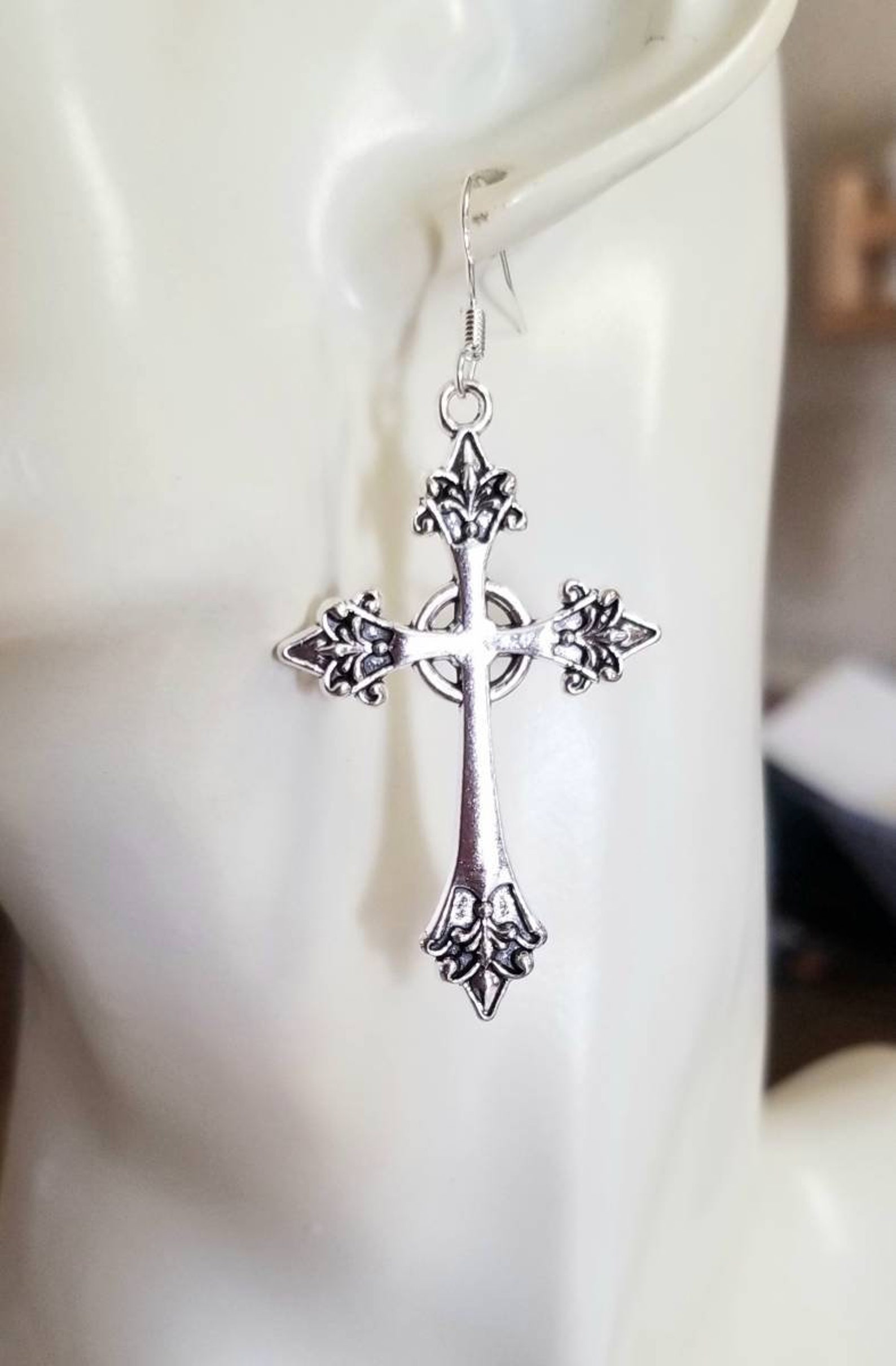Large Silver Cross Dangle Earrings, Fleur De Lis Cross Earrings, Cross ...