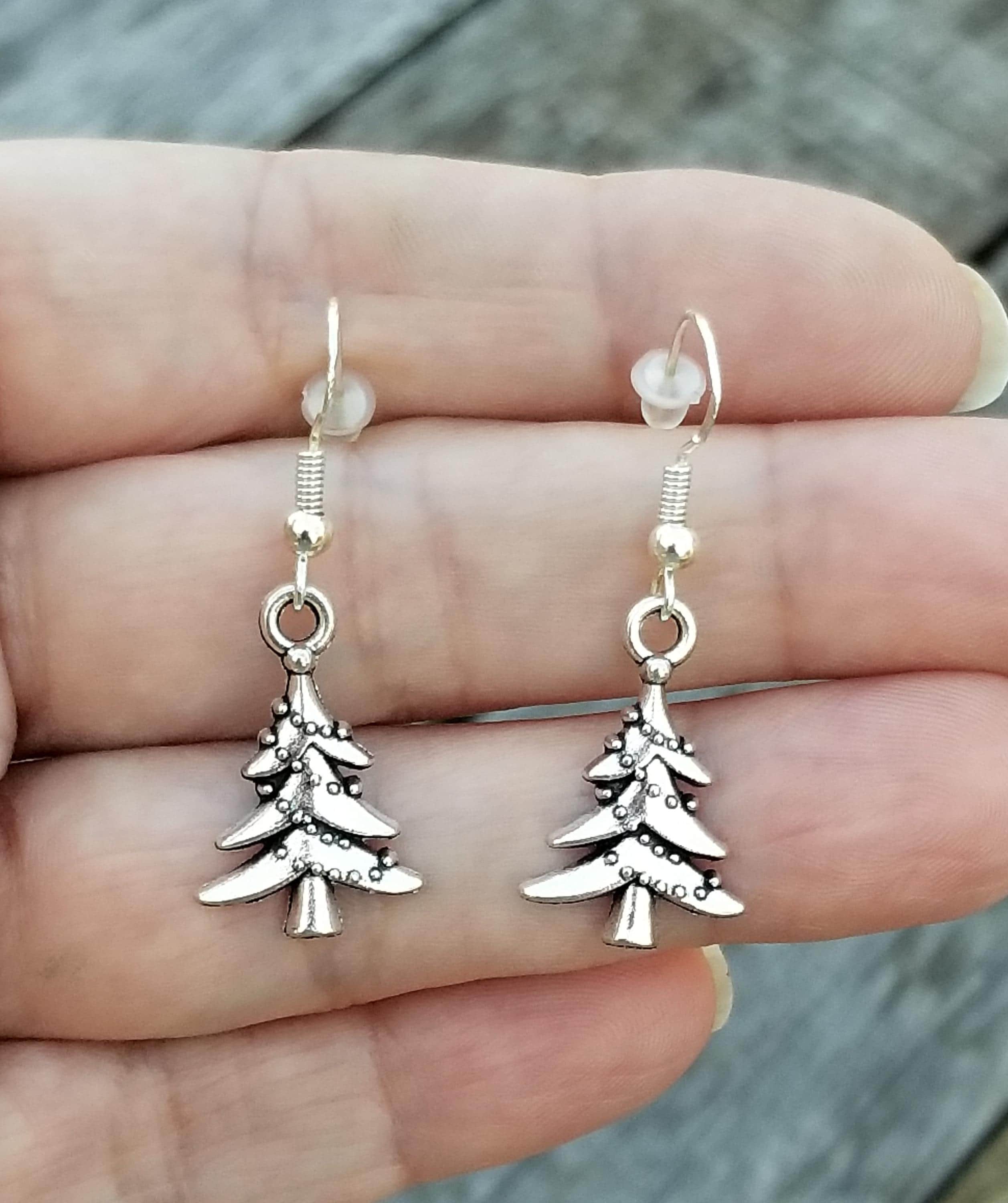 Silver Christmas Tree Earrings, Holiday Dangle Jewelry, Xmas Tree ...