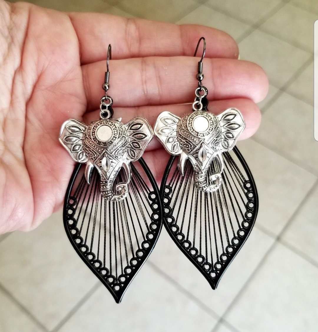 Silver Elephant Earrings, Large Elephant Earrings, Elephant Dangle ...