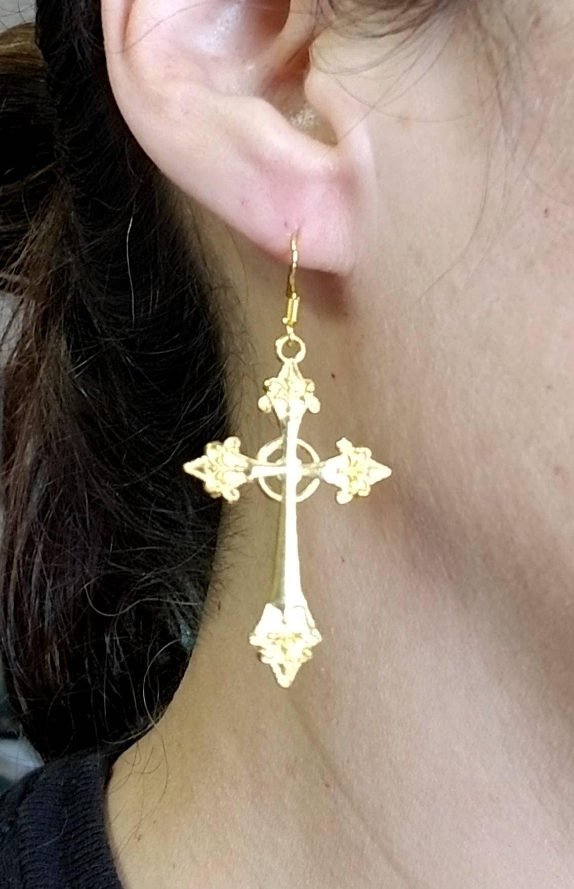 Large Cross Earrings, 14k Gold Cross Earrings, Cross Dangle Earrings ...