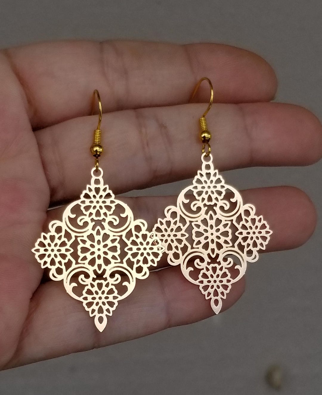 Gold Filigree Floral Earrings, Large Gold Dangle Earrings, Lacey ...