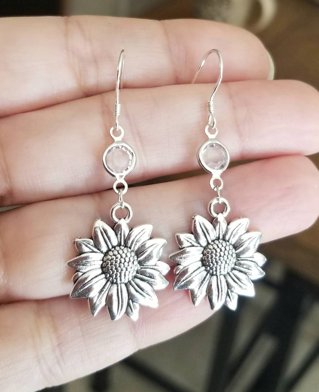 Silver Sunflower Earrings, Crystal Sunflower Dangle Earrings, Floral ...