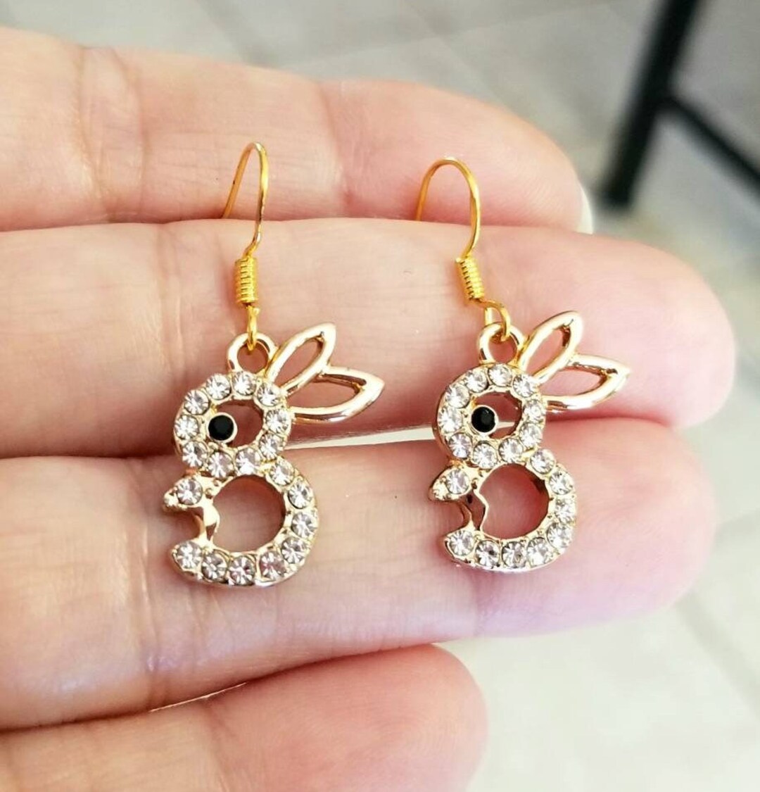 14k Gold Bunny Earrings, Crystal Bunny Earrings, Gold Rabbit Earrings ...