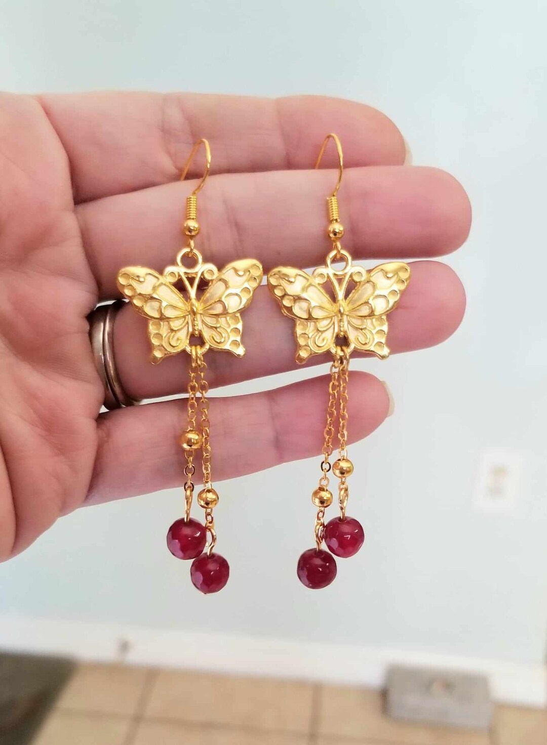 Ruby Jade Earrings, 14k Gold Jade Earrings, Gold Dangle Earrings, Red ...