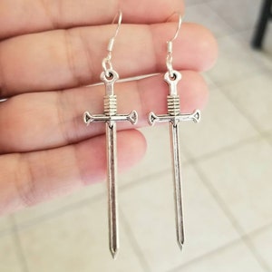 Silver Sword Earrings, Sword Jewelry, Knight, Goth, Dangle Earrings ...