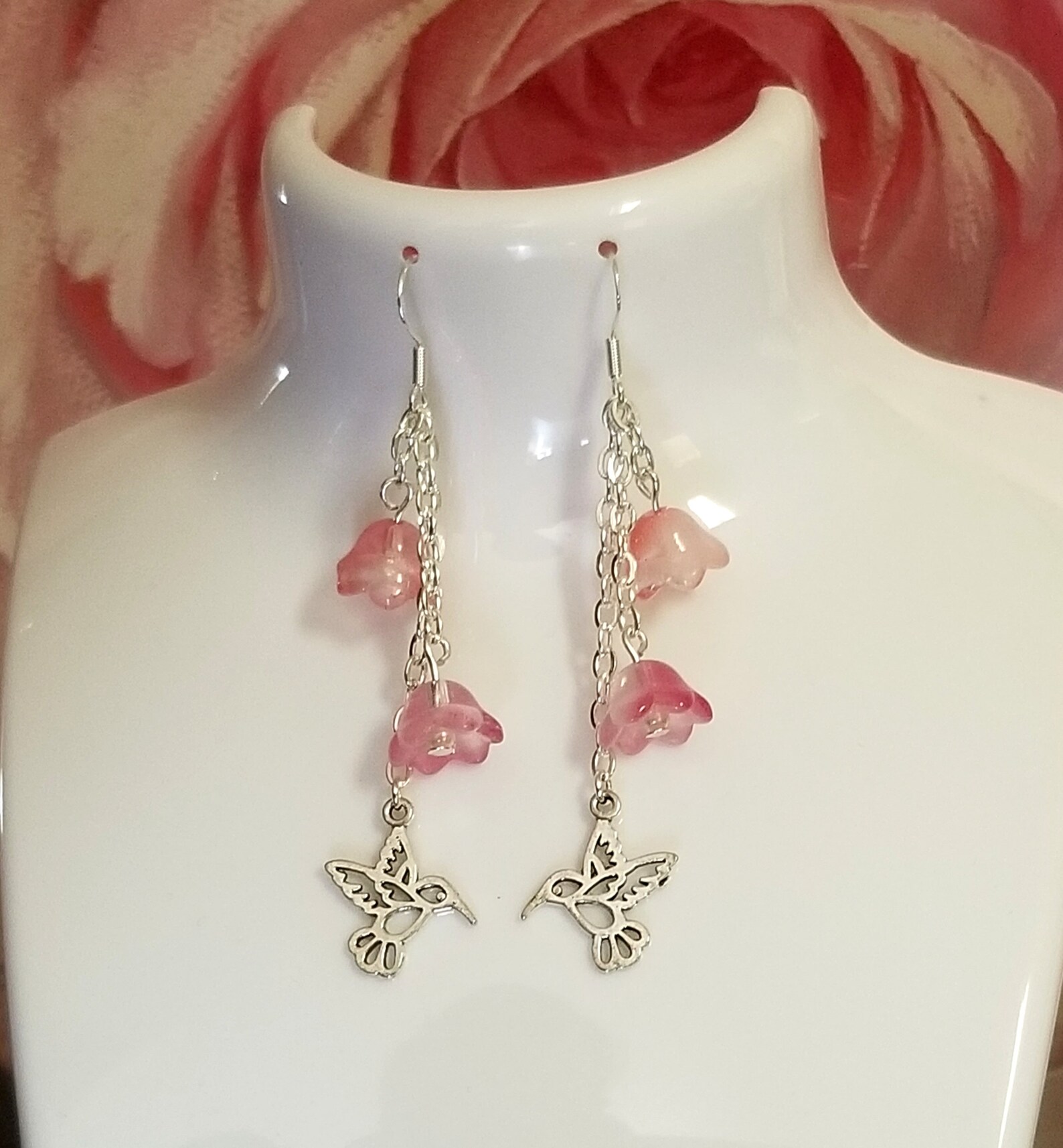 Hummingbird Earrings, Hummingbird Flower Earrings, Silver Hummingbird ...