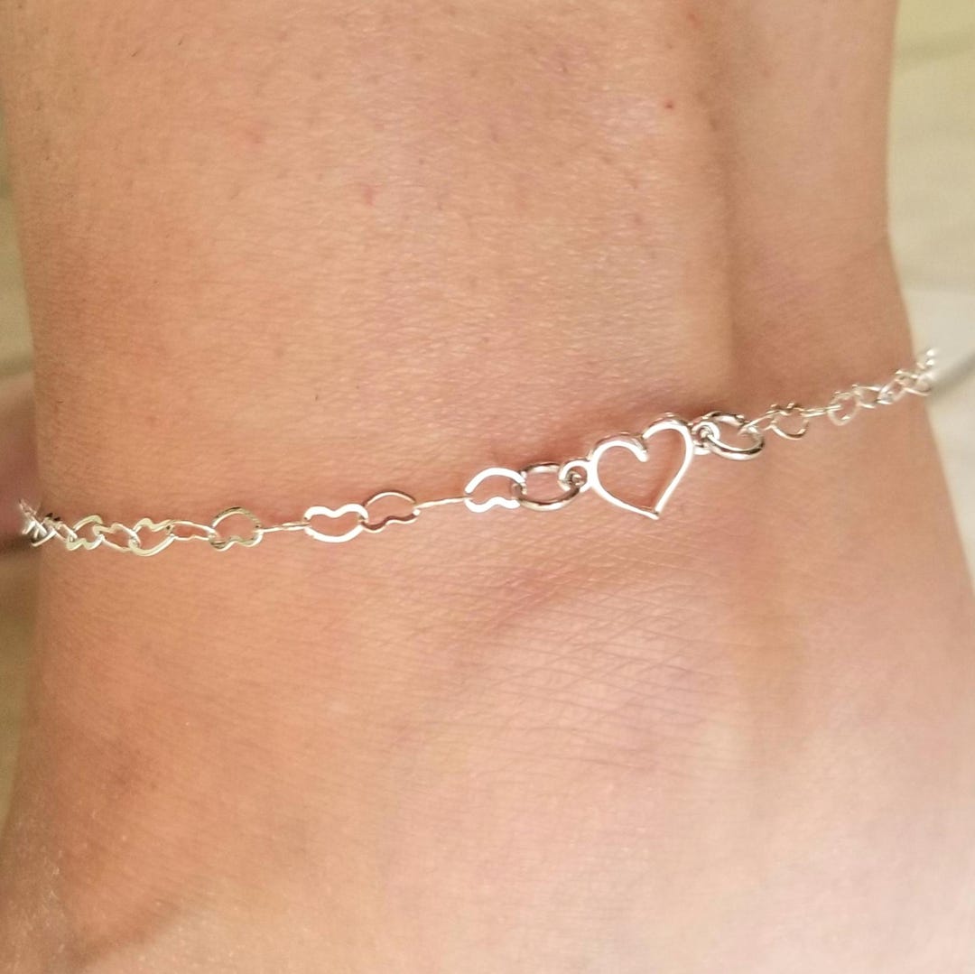 Silver Heart Anklet, Silver Heart Chain Anklet, Heart Ankle Bracelet ...