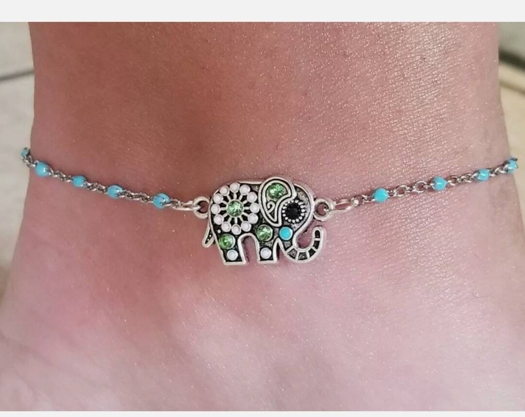 Elephant Ankle Bracelet, Beaded Anklet, Lucky Elephant Gift, Silver ...
