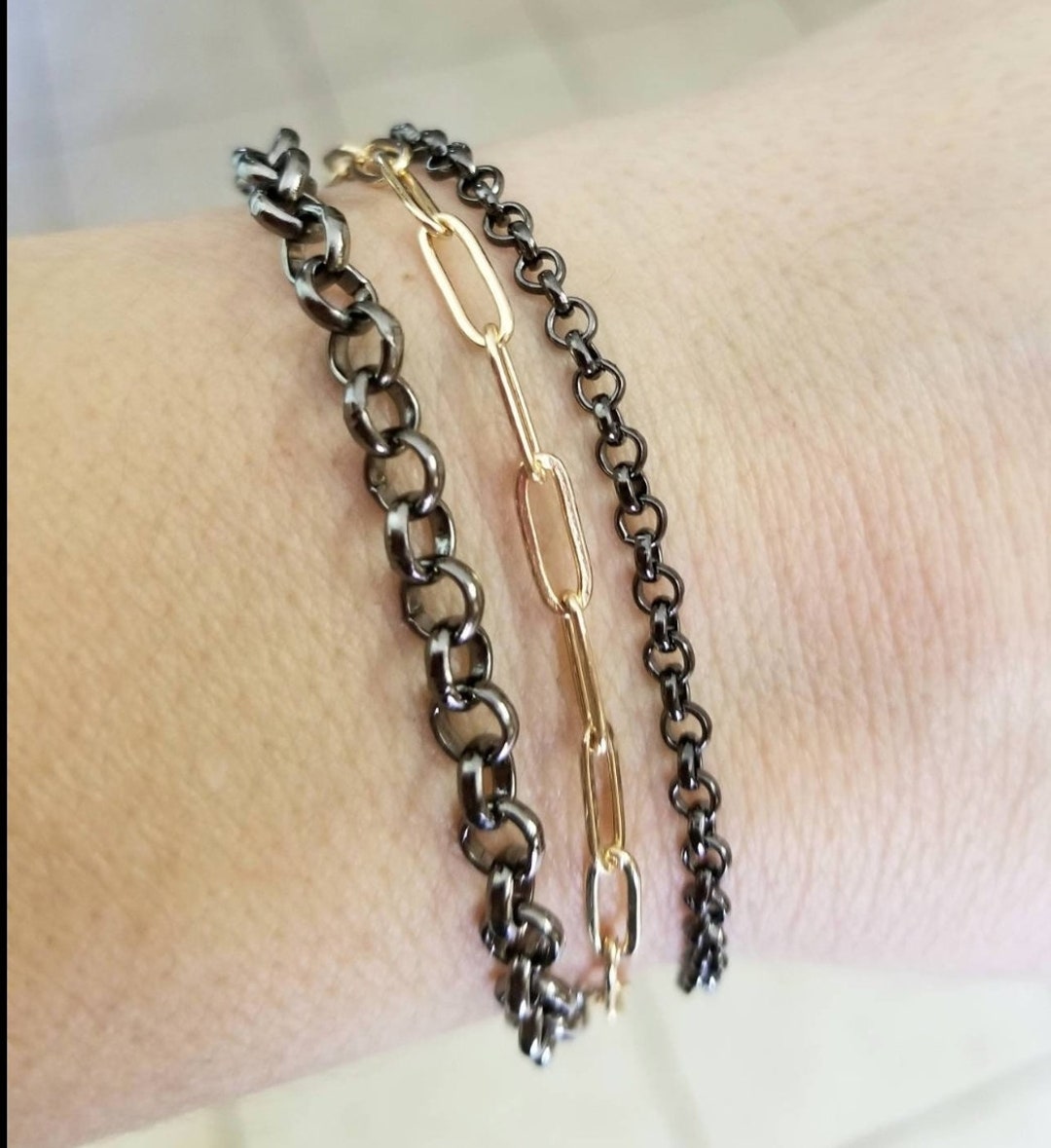 Layered Chain Bracelet, Multi Strand Chain Bracelet, Paperclip Chain ...