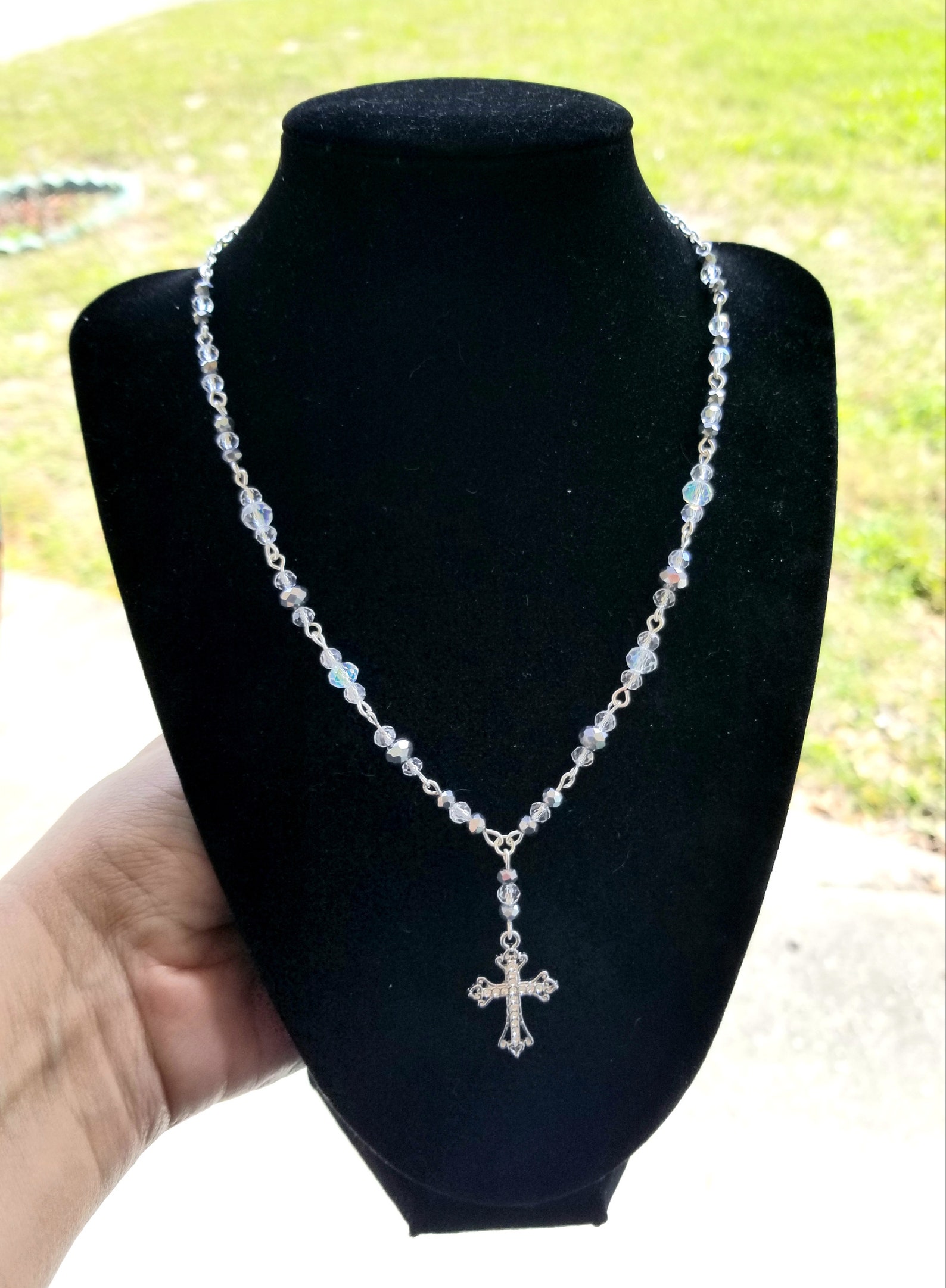 Crystal Cross Necklace, Crystal Cross Pendant, Rosary Necklace, Silver ...