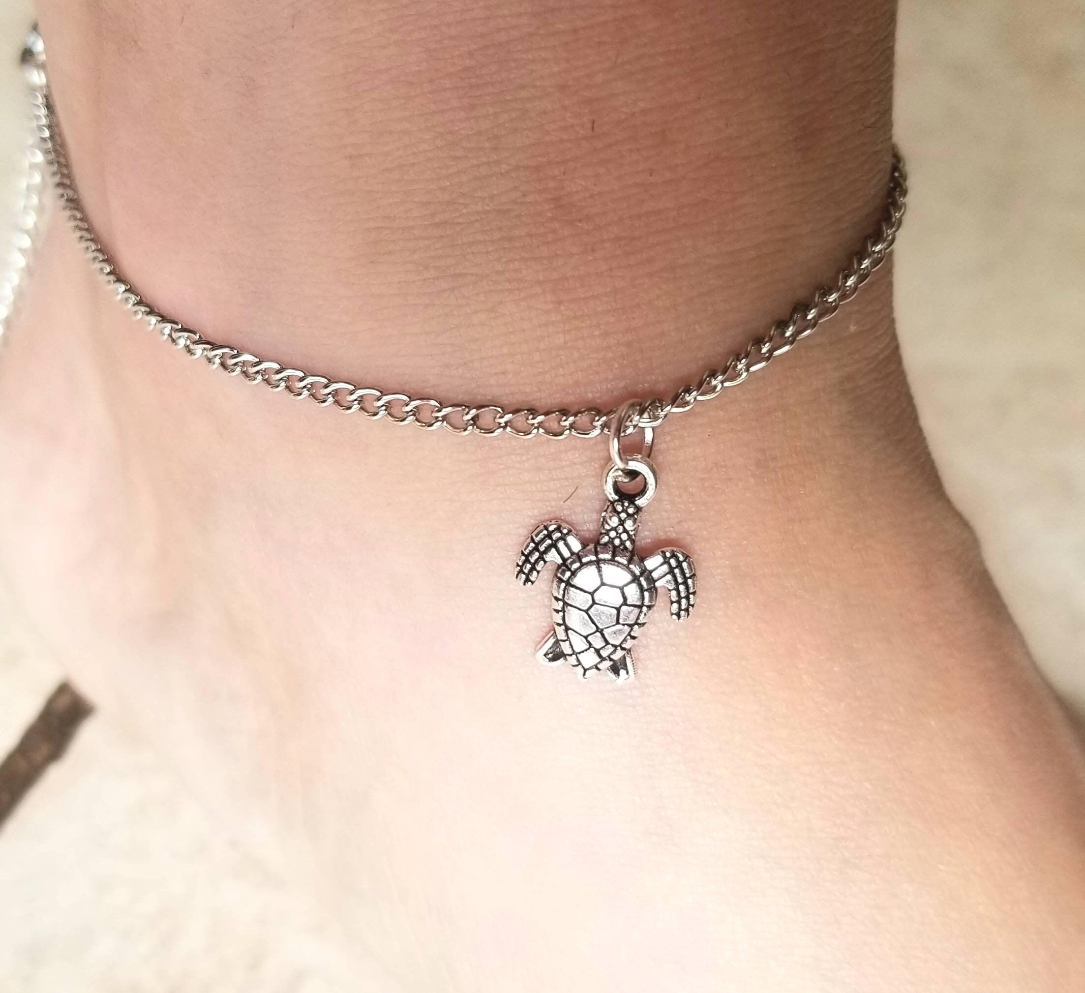 Silver Turtle Charm Anklet, Turtle Ankle Bracelet, Unisex Anklet, Sea ...