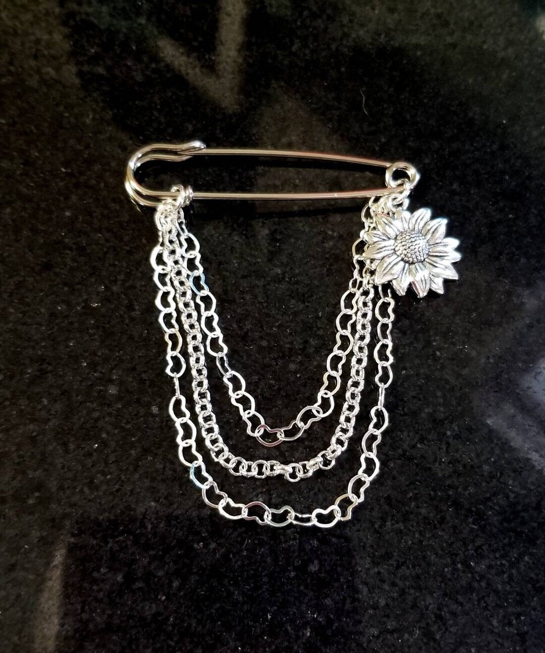 Sunflower Safety Pin Brooch With Chains, Interlocking Heart Chain, Punk ...