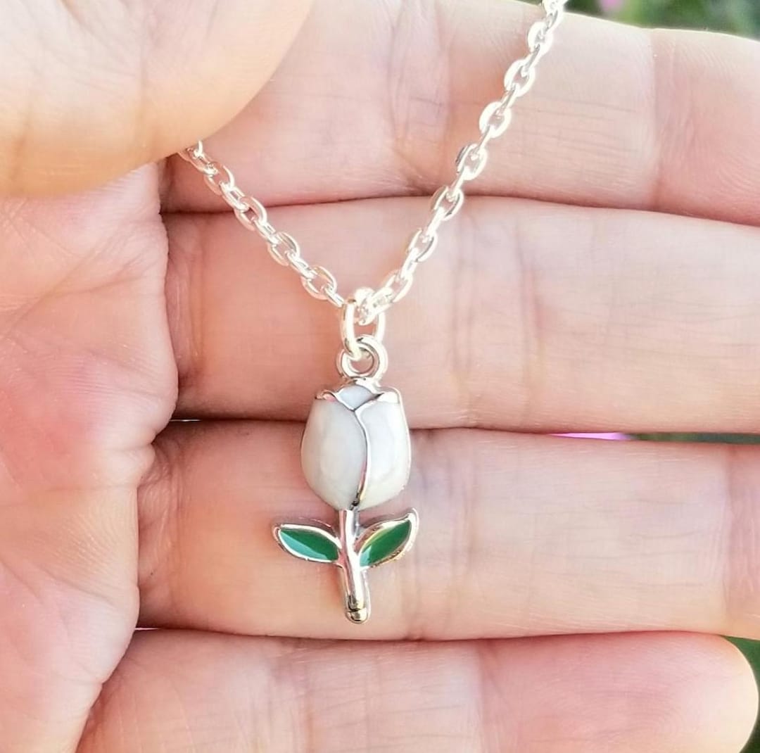 Silver Tulip Pendant Necklace, White Tulip Necklace, Tulip Necklace, Flower Jewelry, White ...