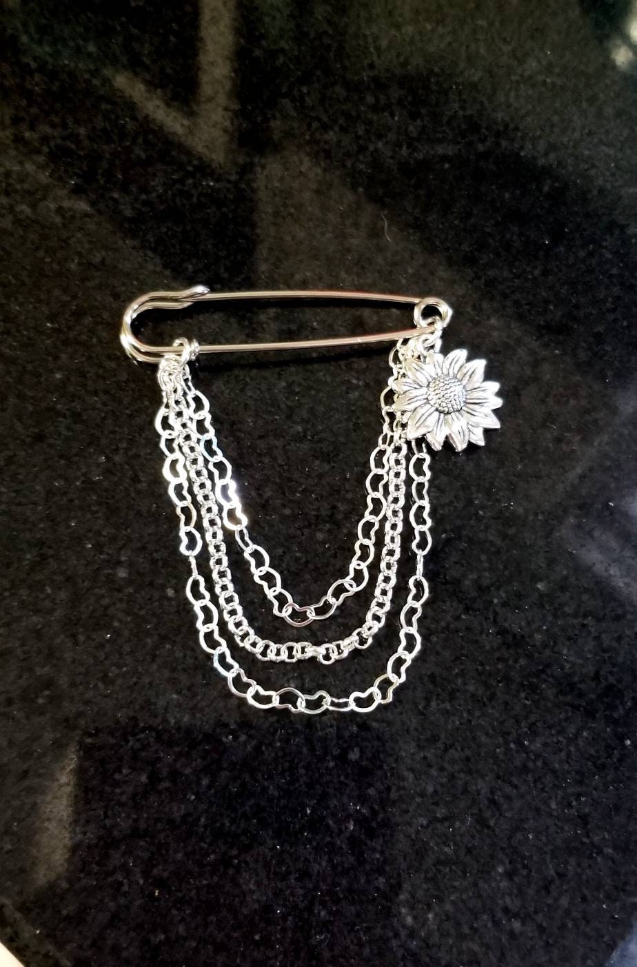 Sunflower Safety Pin Brooch With Chains, Interlocking Heart Chain, Punk ...