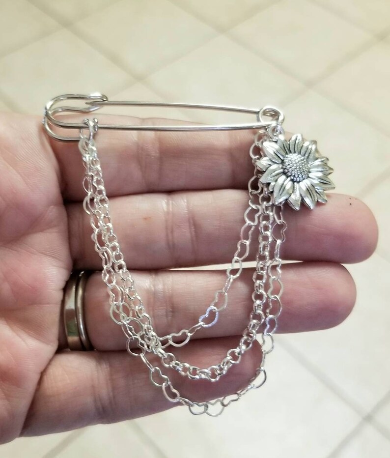 Sunflower Safety Pin Brooch With Chains, Interlocking Heart Chain, Punk ...