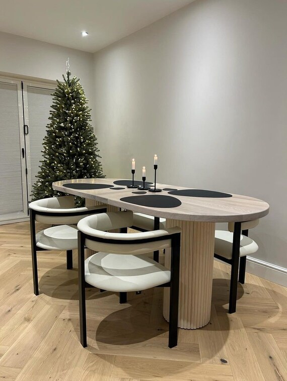 Extendable Oval Scandi Style Dining Table Handmade in the UK. Bespoke Sizes Customisable Solid Wood Pine textured ash oak. Spinningfields Etsy UK