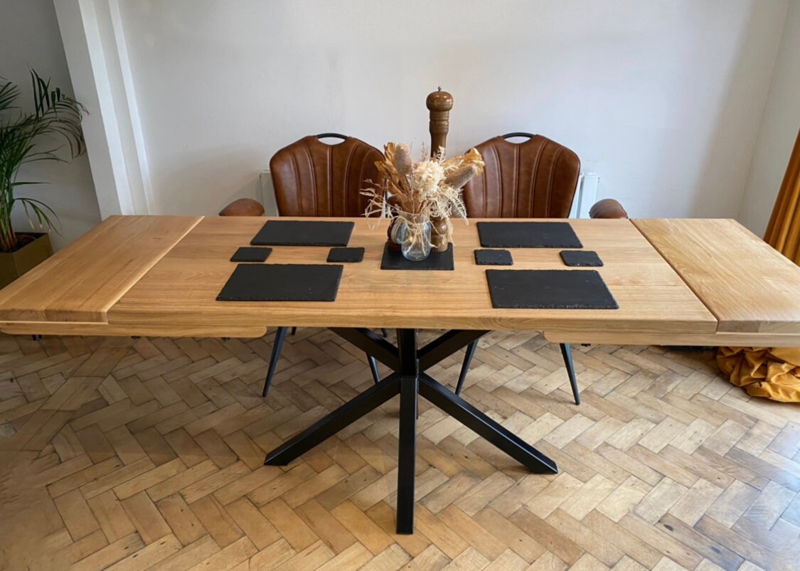 Bespoke Extendable Solid Wood Rectangular Prism Spider Pedestal Dining Table Handmade in the UK. Pine textured ash oak. the Beswick. Etsy UK