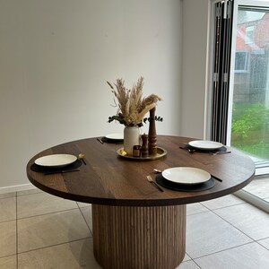 Round Solid Wood Scandi Style Dining Table. Ribbed Wood Pillar Base ...