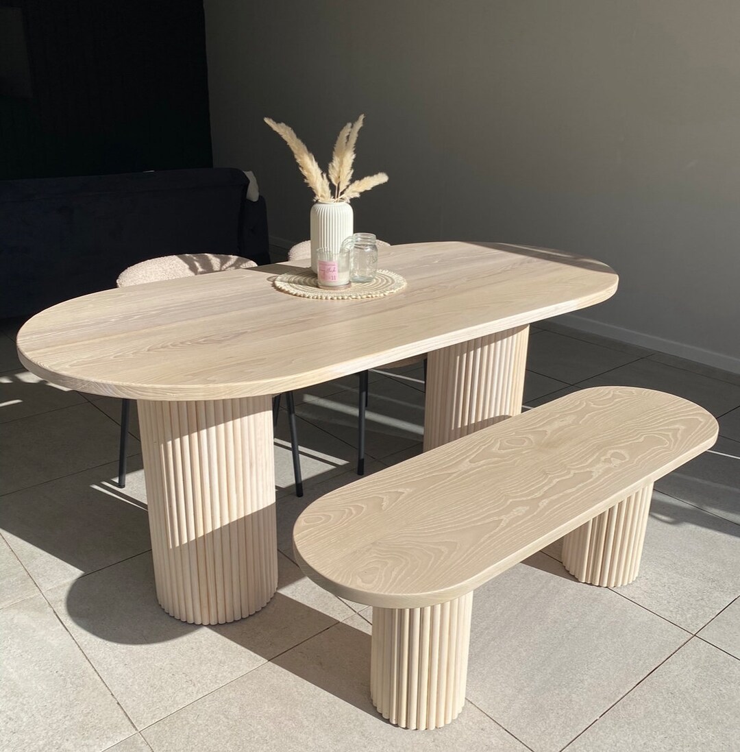 Customisable Solid Ash Wood Dining Table, Fluted Pedestal Bases in ...