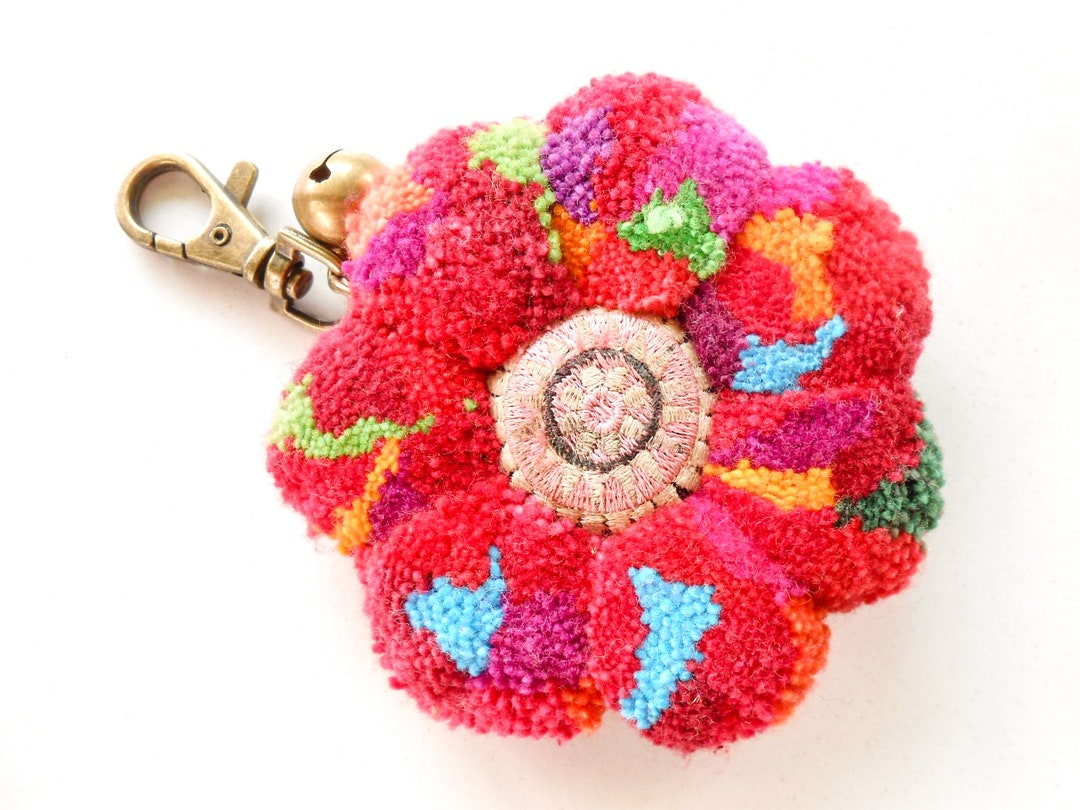 Red Pompoms Key Chain in Flower Shape. Decorate With Tiny Brass Bell ...