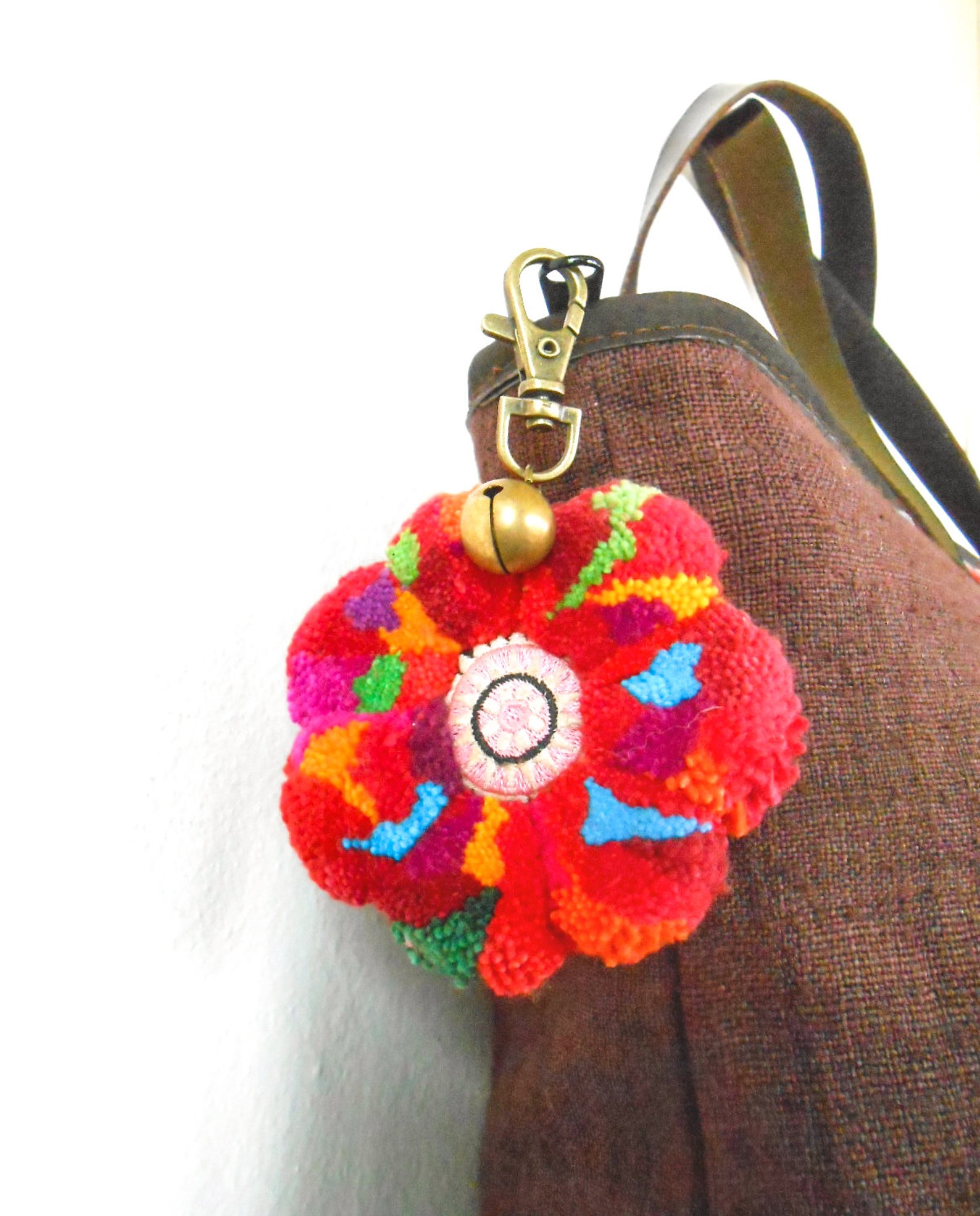 Red Pompoms Key Chain in Flower Shape. Decorate With Tiny Brass Bell ...