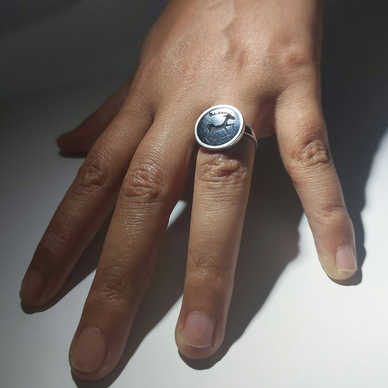 Deer Intaglio Signet Ring, Stag Intaglio, Black Obsidian Round Finger ...