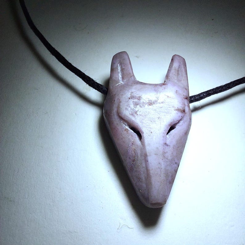 Wolf Mask Pendant Necklace, Lavender Jade Stone Hand Carved Wolf ...