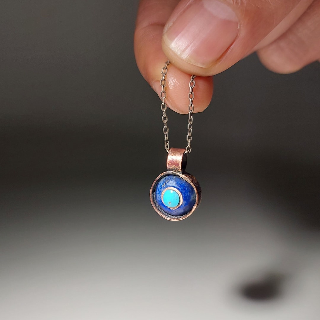 Evil Eye Bead Pendant Necklace, Nazar Pendant, Copper and Lapis Lazuli ...