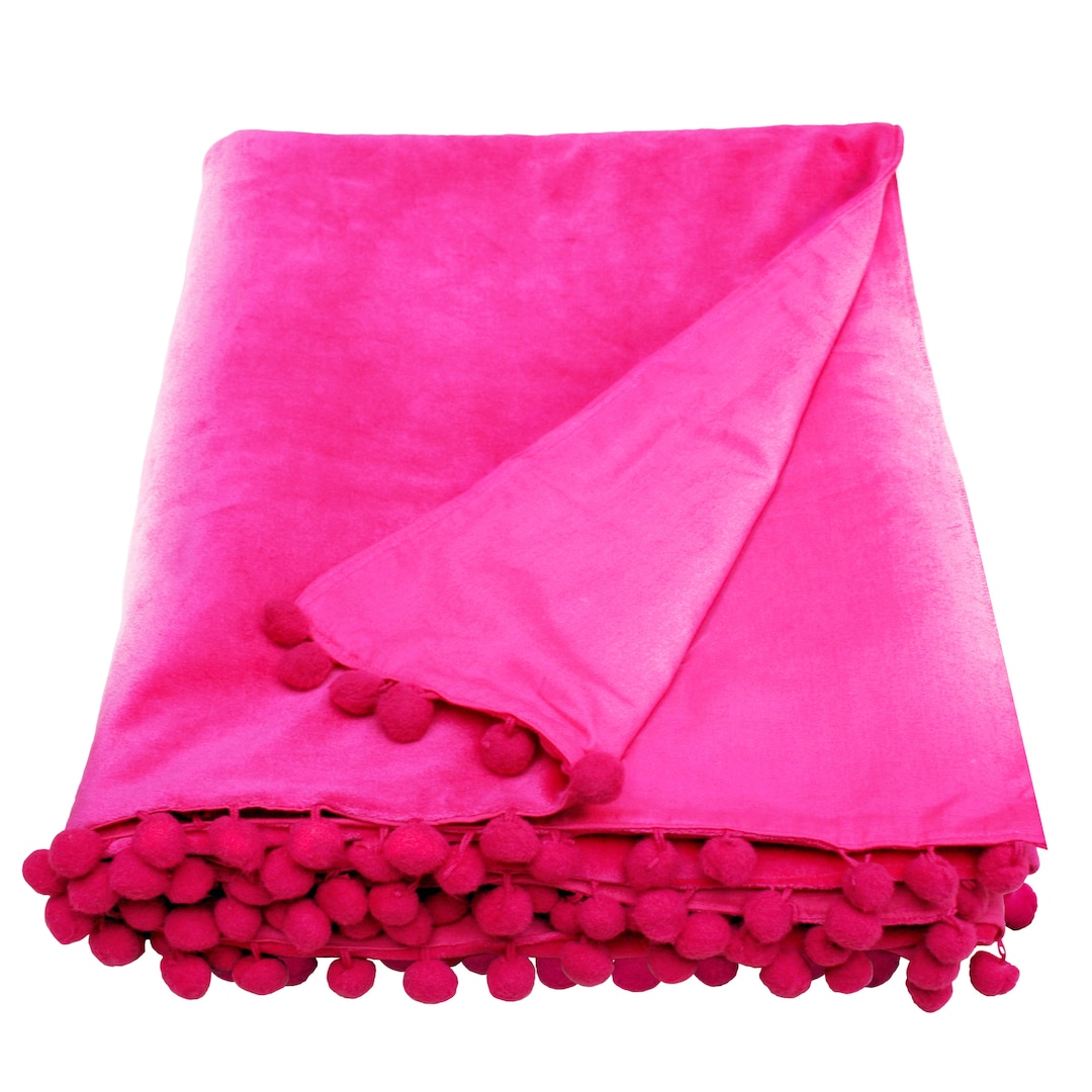Fuchsia Pink Throw Blanket, Hot Pink Blanket, Velvet Throw, Pom Pom ...