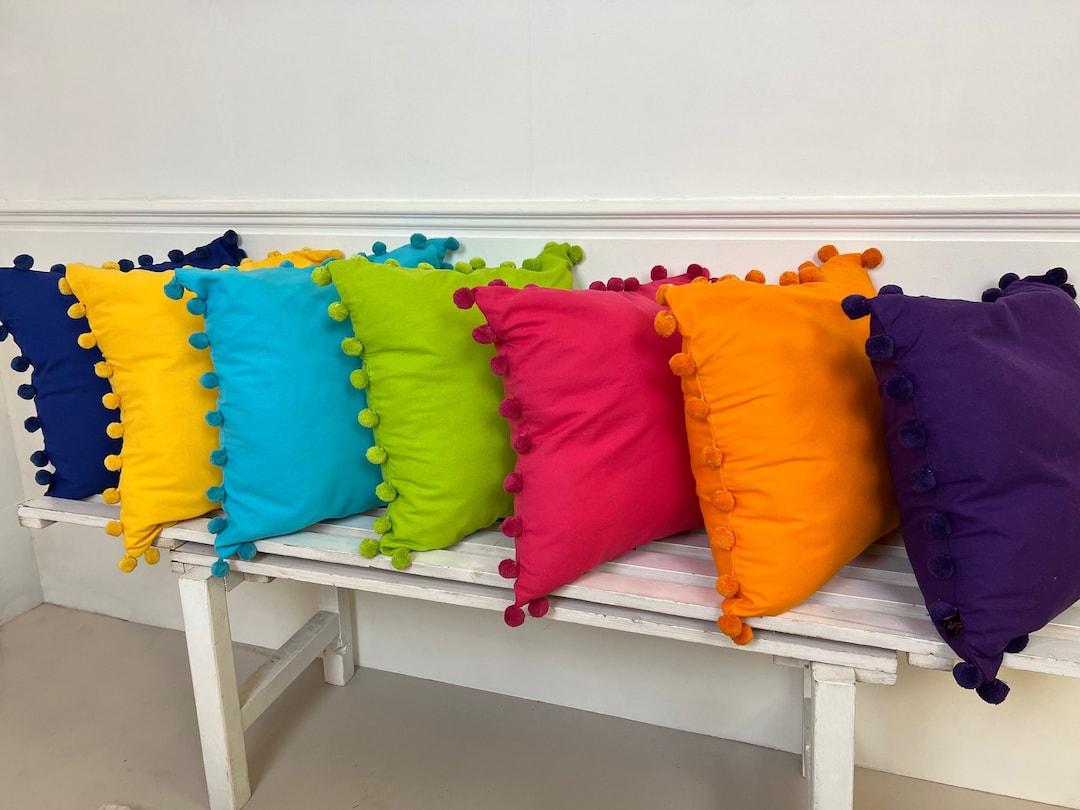 Bright Cotton Pompom Scatter Cushion, Summer Decor,various Colours - Etsy