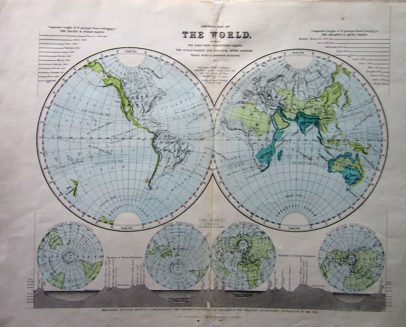 Antique Map the Physical Map of the World 1868 - Etsy