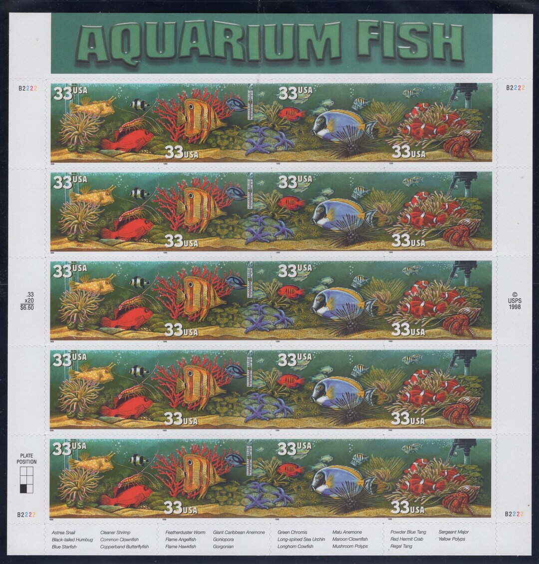 AQUARIUM FISH Sheet of 20 Bright, Fresh Unused USA 33c Postage Stamps ...