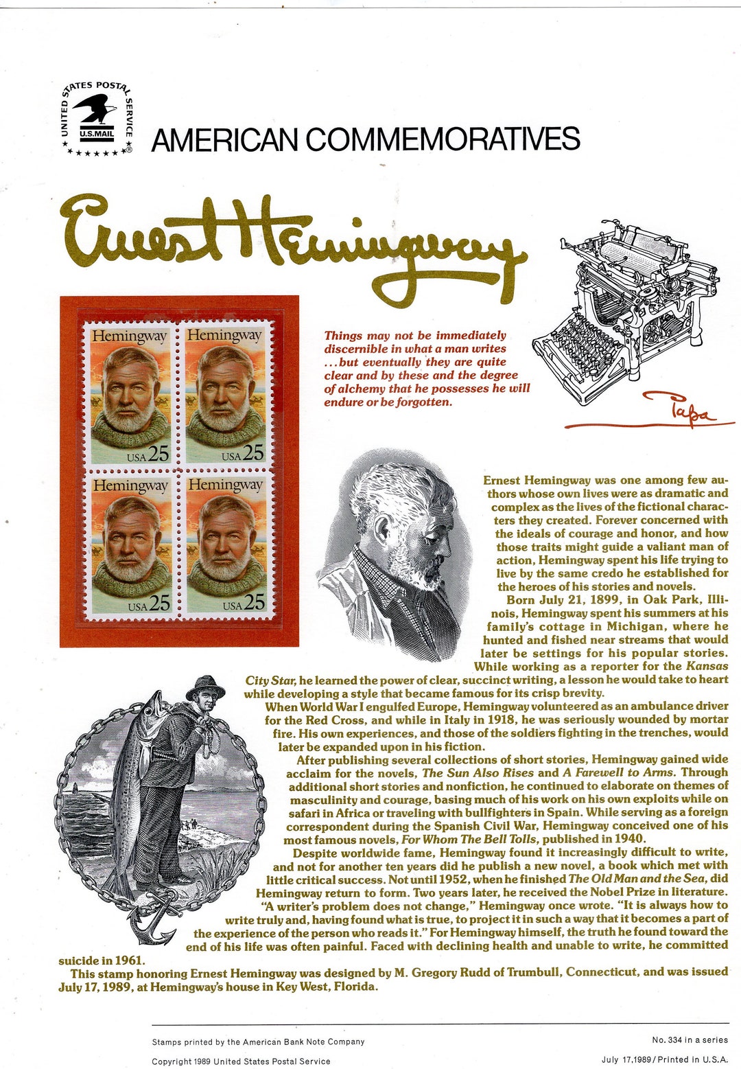 ERNEST HEMINGWAY AUTHOR Special Commemorative Panel Plus Actual Stamps ...