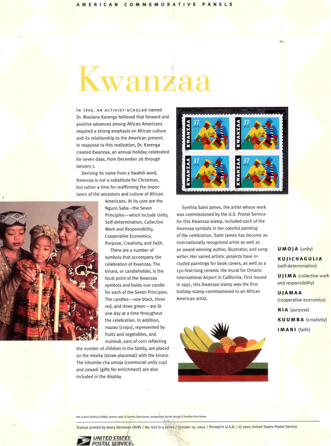 KWANZAA CELEBRATION Commemorative Panel W/ Block of 4 Stamps ...