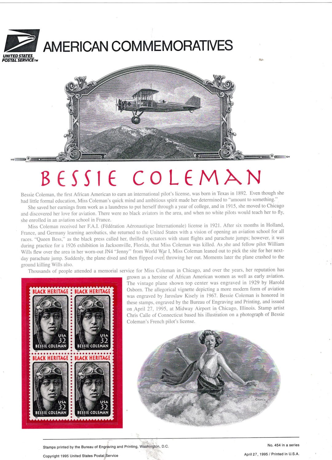 BESSIE COLEMAN AVIATOR Commemorative Panel W/4 Stamps Text ...