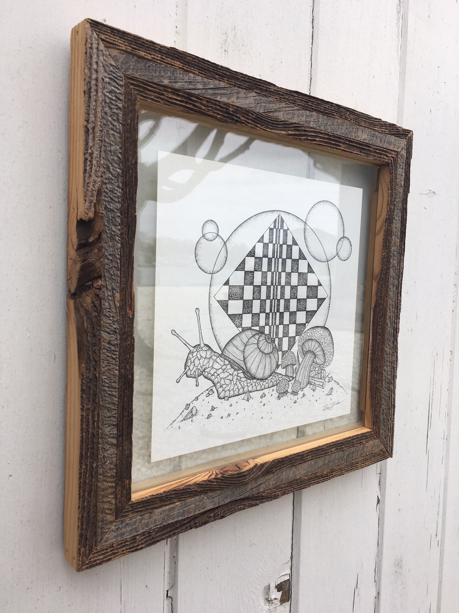 Original Pen and Ink Snail Drawing Reclaimed Wood Frame - Etsy