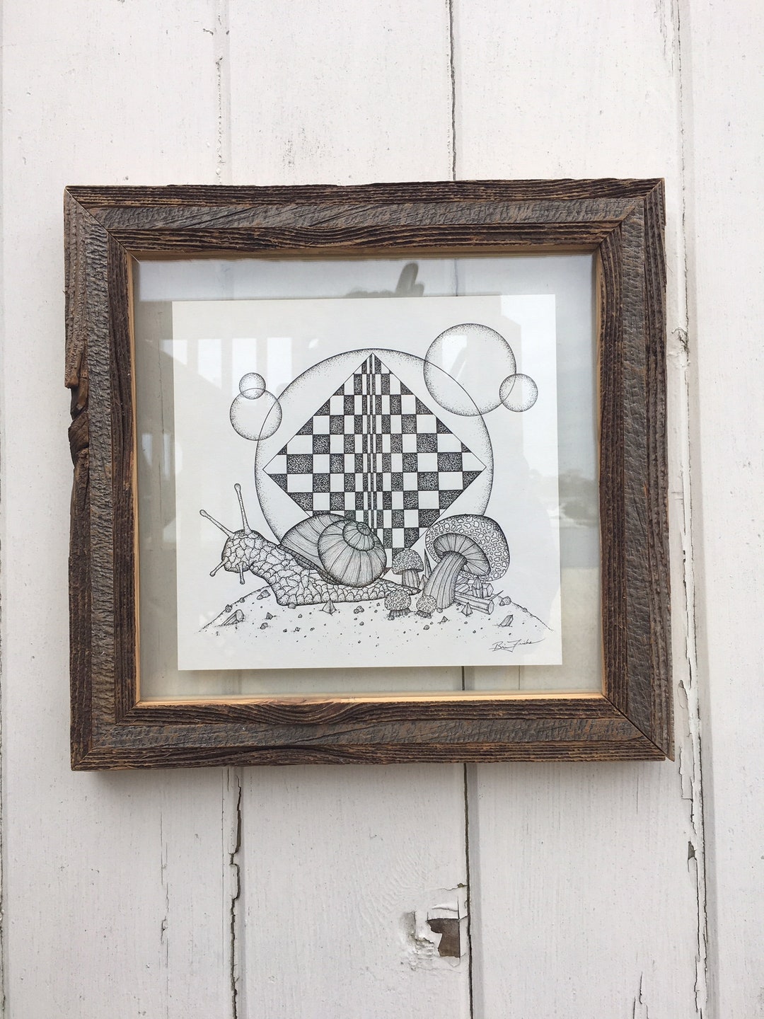 Original Pen and Ink Snail Drawing Reclaimed Wood Frame - Etsy