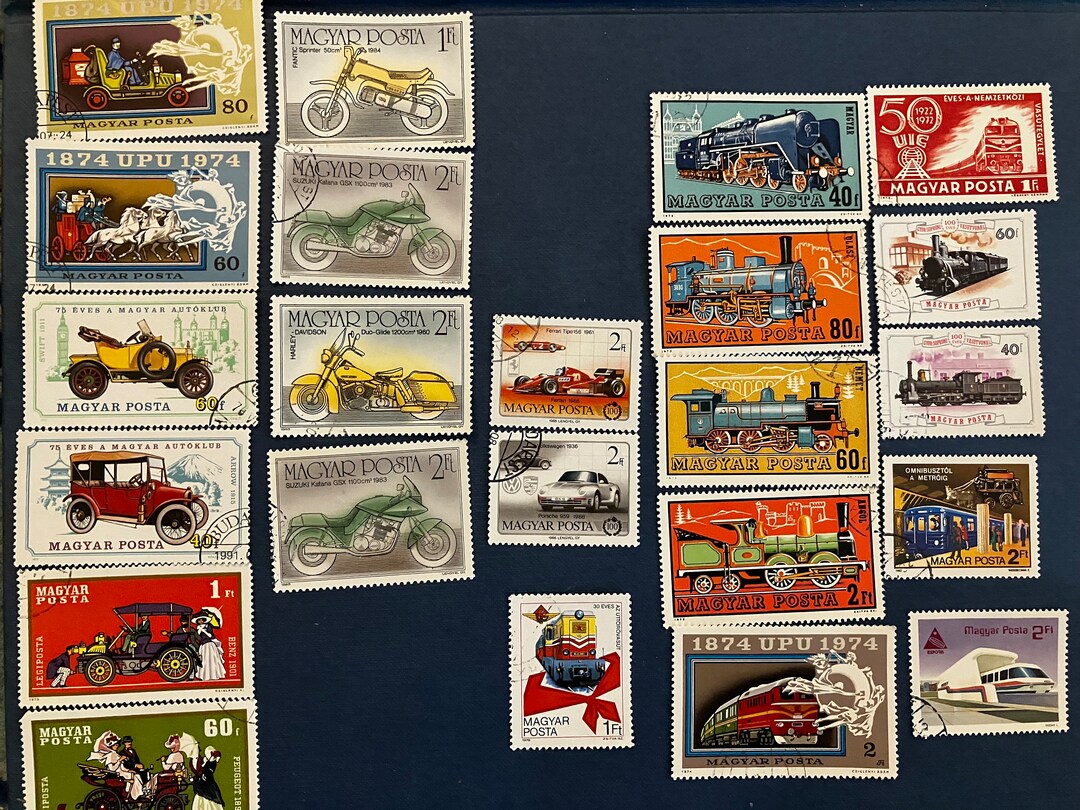 20+ Large Postage Stamp Lot, Motorcycles, Cars and Trains From Hungary ...