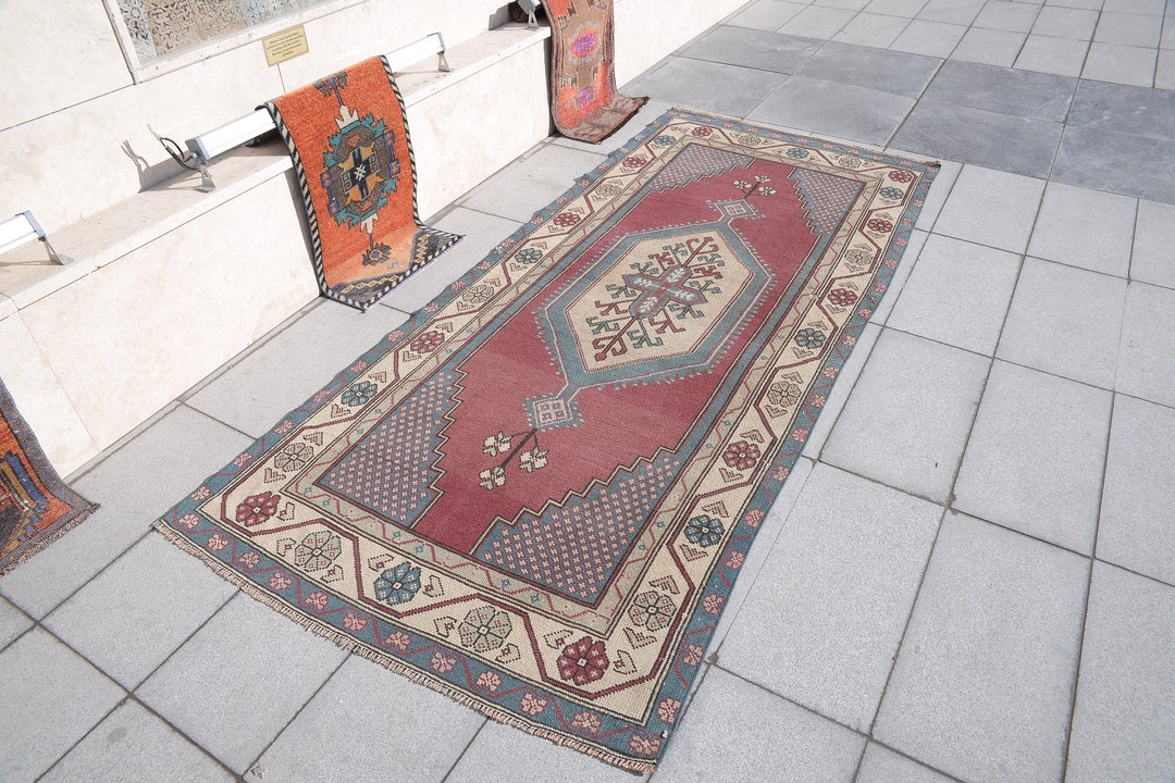4x9 Rug, Burgundy&blue Vintage Rug, Home Living Rug, Low Pile Rug ...