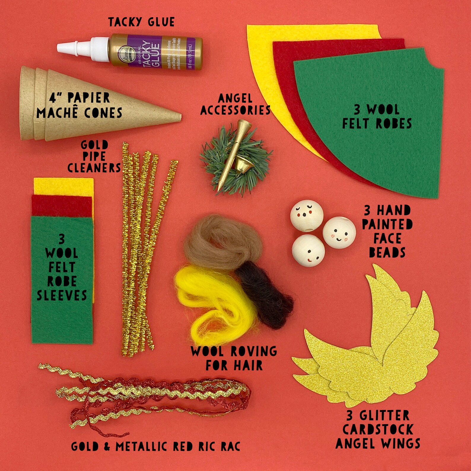 Christmas Angel Craft Kit Makes 3 Unique 5 Angels Wool Felt & Sparkly ...