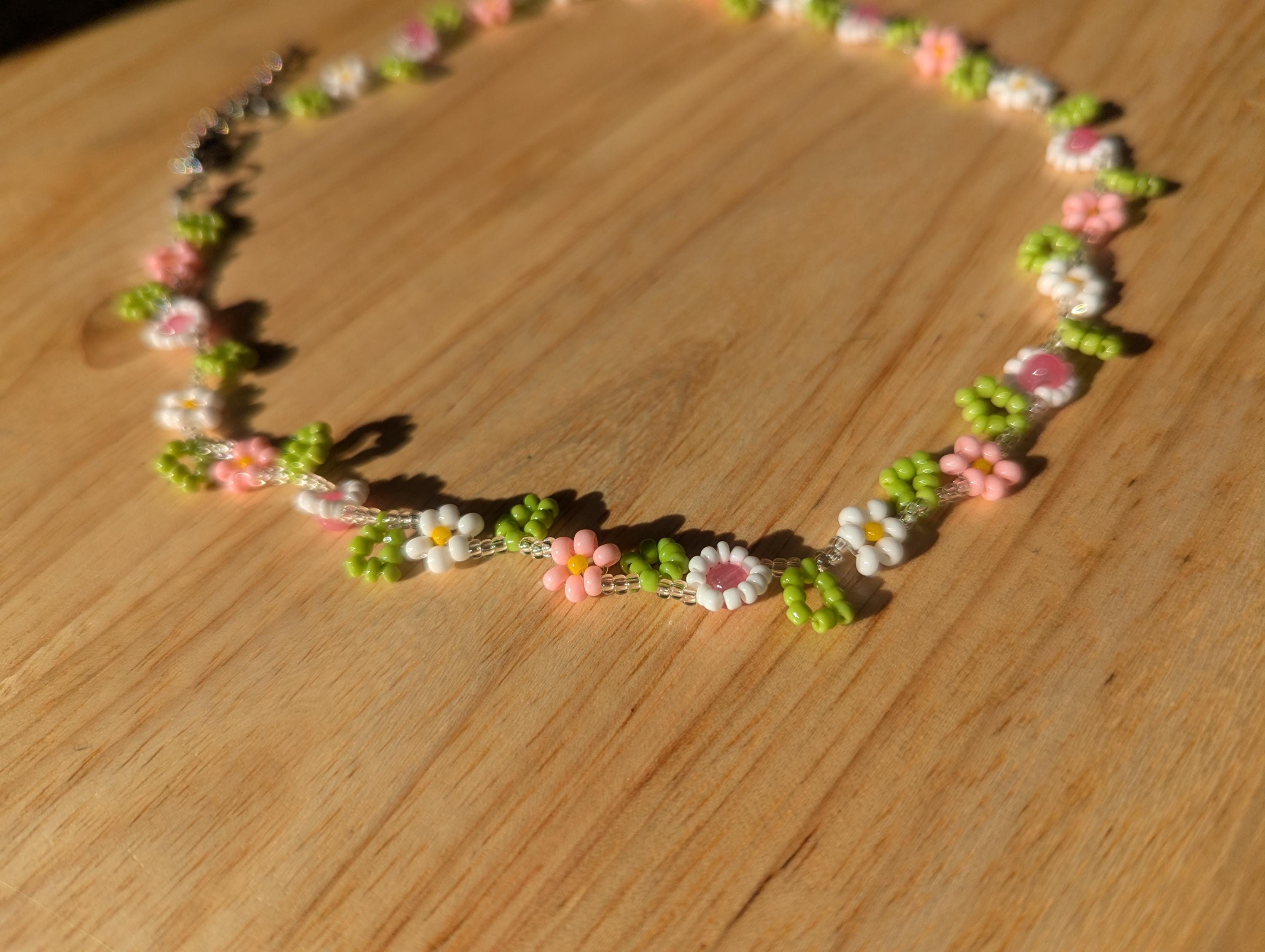 Pink Daisy Flower Chain Seed Bead Necklace Seed Bead Necklaces Adults ...